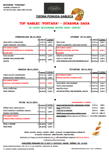 Ponuda jela – Restoran Fontana Crnković