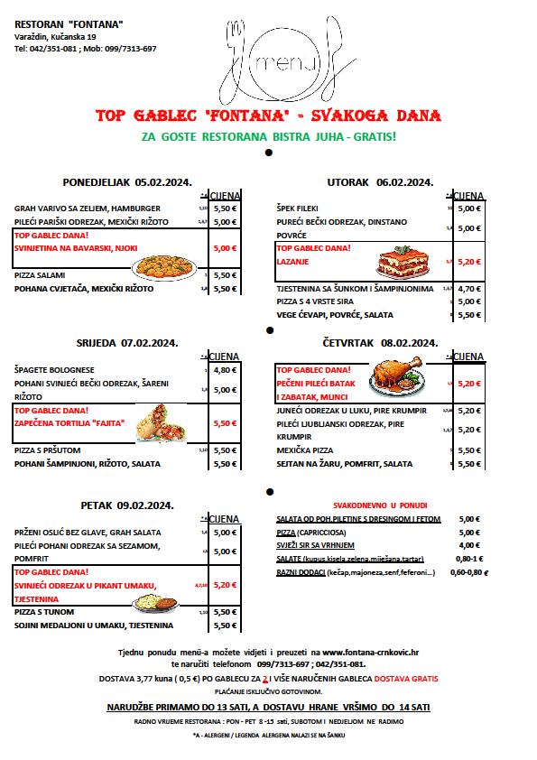 Ponuda jela – Restoran Fontana Crnković