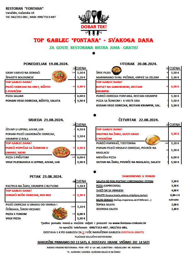 Ponuda jela – Restoran Fontana Crnković