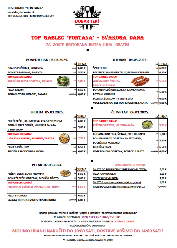 Ponuda jela – Restoran Fontana Crnković