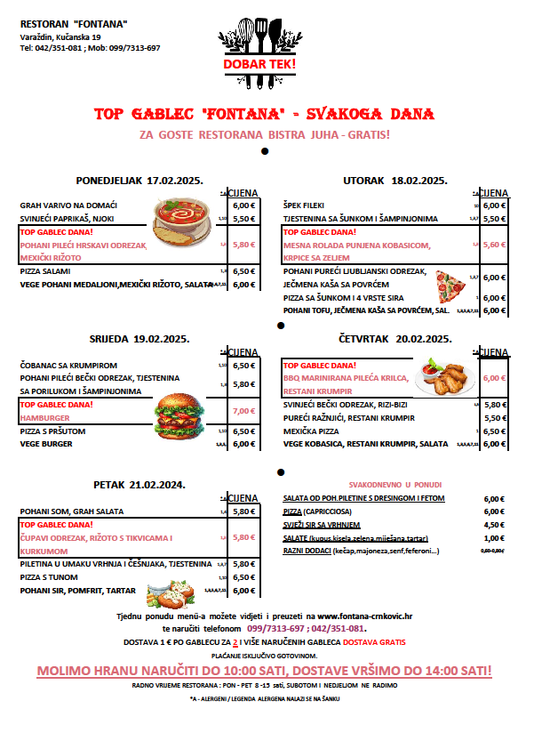 Ponuda jela – Restoran Fontana Crnković