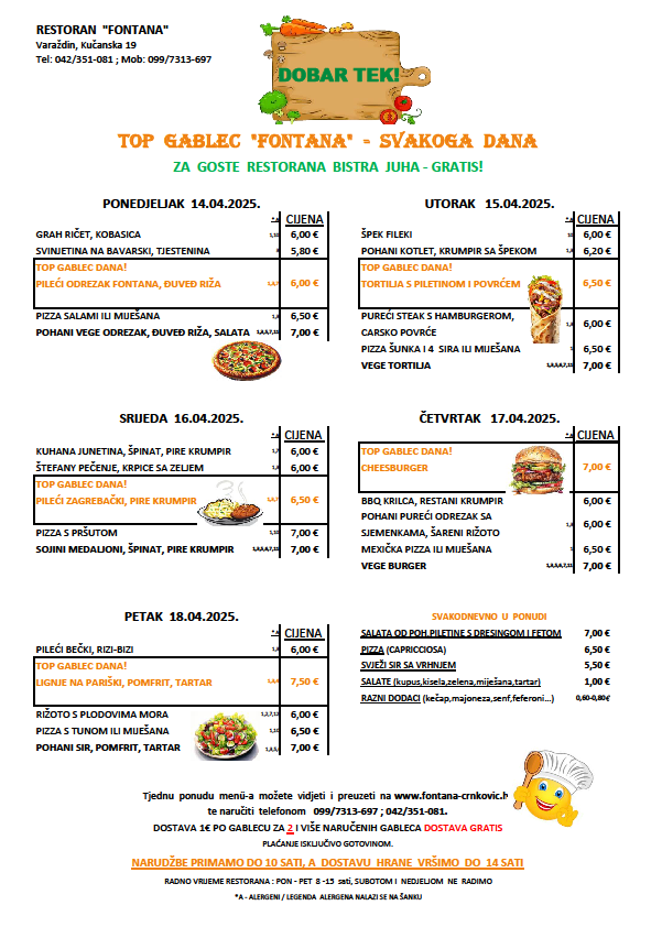 Ponuda jela – Restoran Fontana Crnković