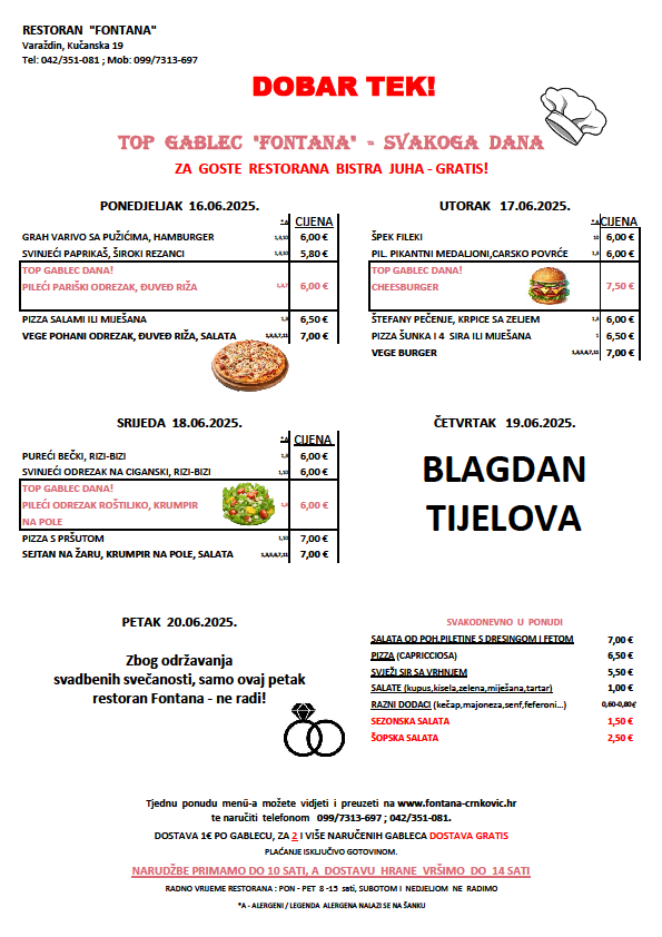 Ponuda jela – Restoran Fontana Crnković
