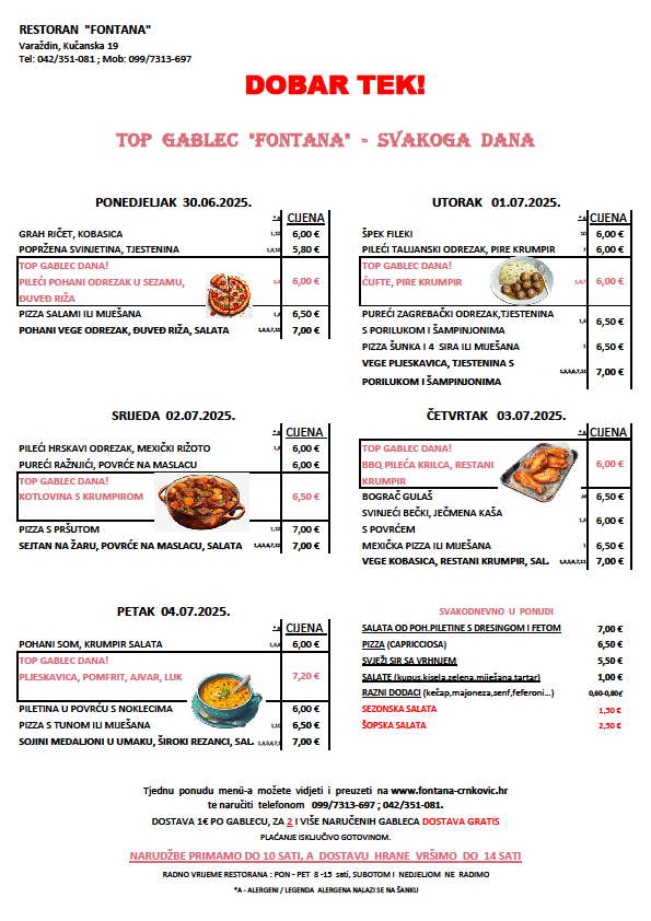 Ponuda jela – Restoran Fontana Crnković